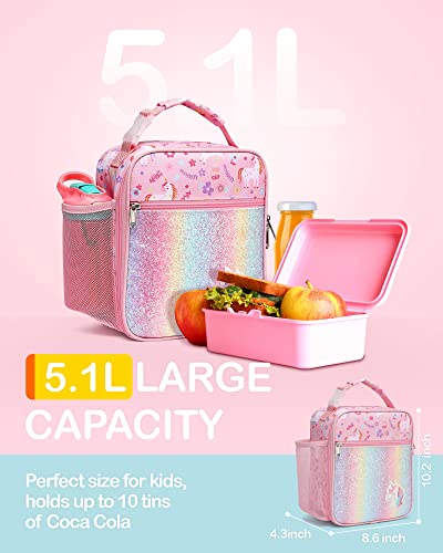 Bagseri Kids Lunch Box Girls - Insulated Kids Lunch Bag for Girls Portable Reusable Toddler Lunch Cooler Bag for School, Water-resistant Lining(Glitter Unicorn,Pink)