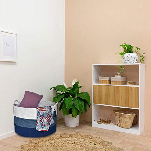 COMSE Extra Large Blanket Basket, Storage Basket, Laundry Basket, 21.7βx 13.8β, Laundry Hamper, Cotton Rope Basket, Blanket Basket Living Room, Toy Basket (White & Cadet Blue & Navy Blue)