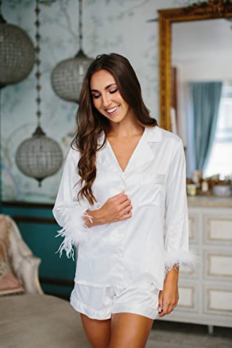 Belle's Design Women's Feather Trim Silk Satin Pajama Set With Shorts Button Down 2 pieces Loungewear Sleepwear (White, XX-Large)