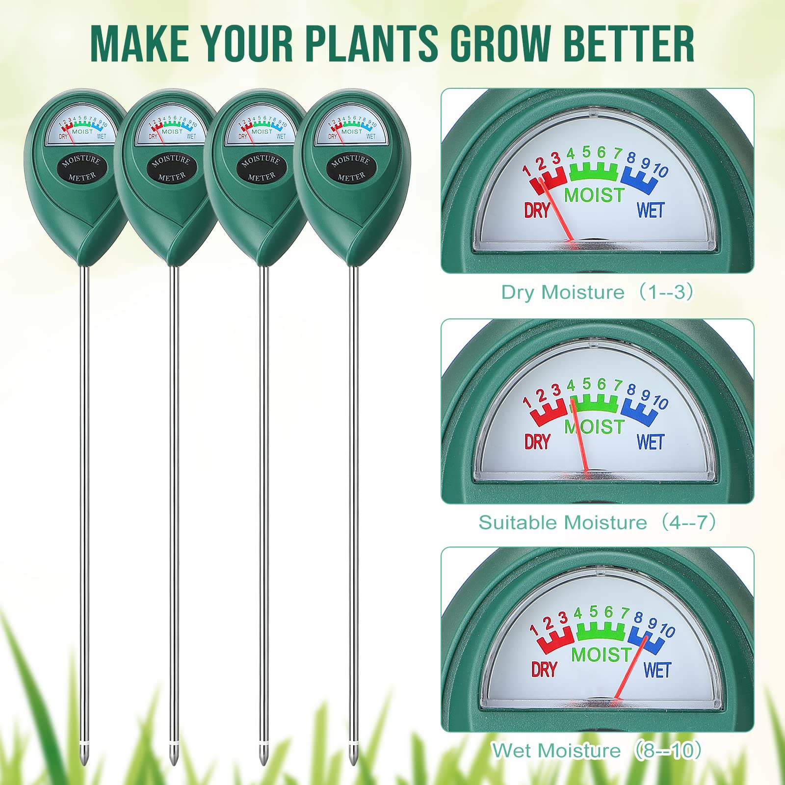 4 Pack Soil Moisture Meter 15.8 Inch Long Probe Deep Use Soil Moisture Meter Sensor Plant Water Meter Soil Tester Test Kit for Garden Yard Lawn Farm Indoor Outdoor Use