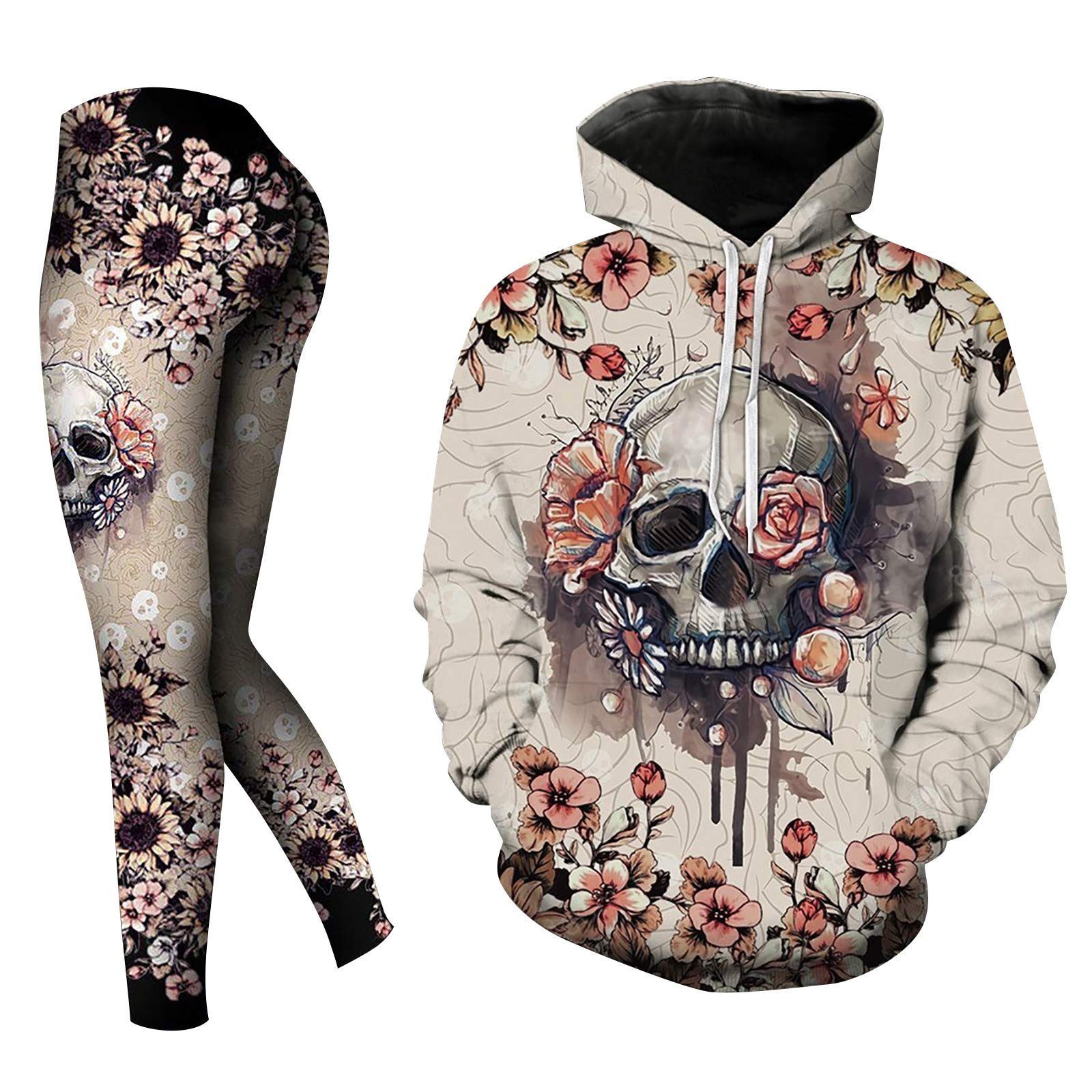 Padaleks Women 2 Piece Outfits Tracksuit Printed Hoodie Pullover Long Sleeve Drawstring Hooded Top and Pants Set White