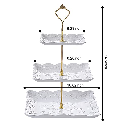 Barelove 3 Tier Plastic Cupcake Stand, Cake Display Tiered Serving Tray, 2 Pack Plastic Dessert Pastry Candy Platter Holder Tower for Wedding, Birthday, Tea Party, Baby Shower Decor (Square, White)