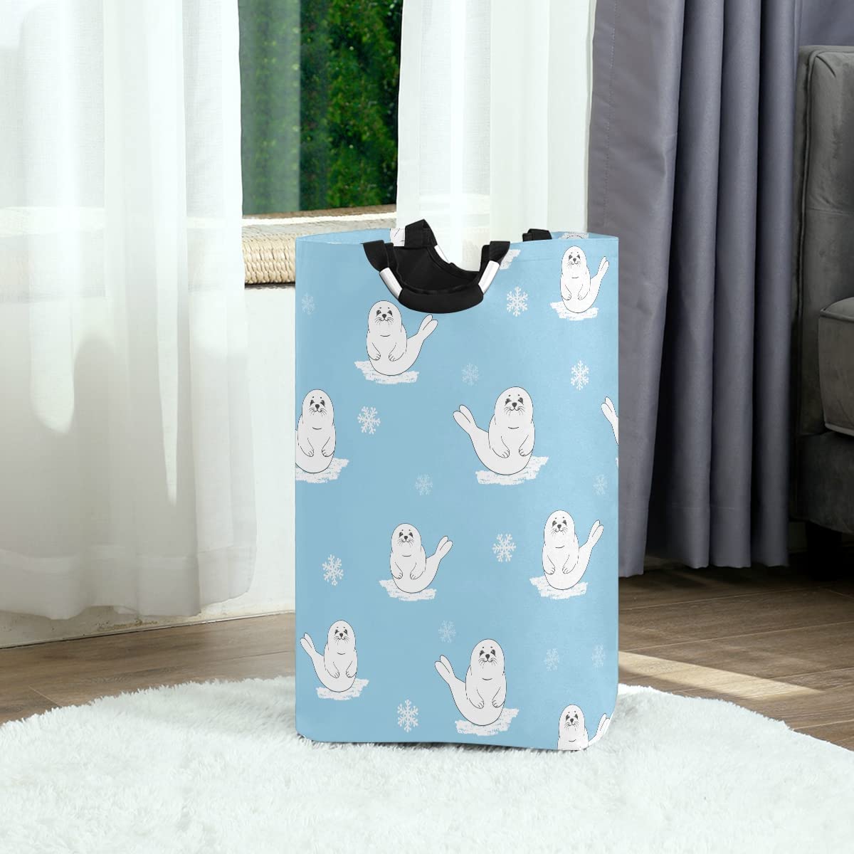 DOMIKING Cute Cartoon Baby Seal Pup Laundry Storage Basket Collapsible Organizer Laundry Hamper for Kids Room Dirty Cloth Toy Dorm Bag