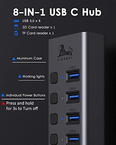 LIONWEI Universal 8-Port Powered USB 3.0/USB C Hub, Aluminum USB Splitter with 6 USB 3.0 Data Ports, SD/TF Card Readers, On/Off Power Switches, AC Adapter