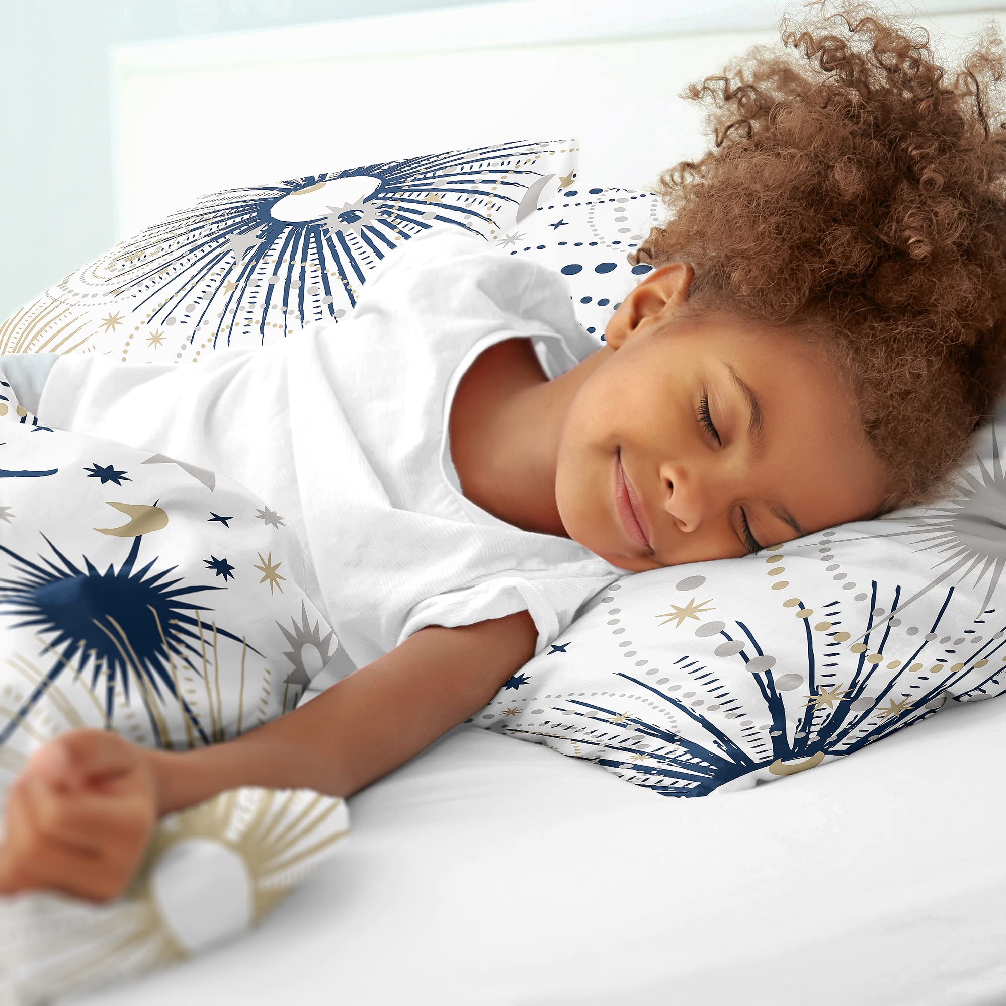 Sweet Jojo Designs Star and Moon Boy or Girl Full/Queen Bedding Set Kids Comforter Childrens Size - 3 Pieces - Navy Blue, Gold, and Grey Celestial Sky Stars Gender Neutral Unisex