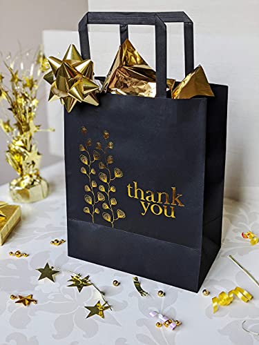 Thank You Bags Bulk with Flat Handles Pack of 50, Black Kraft Paper Bags with Gold Foil Stamp Image Medium Size 10x 4.75 x 8 Inches