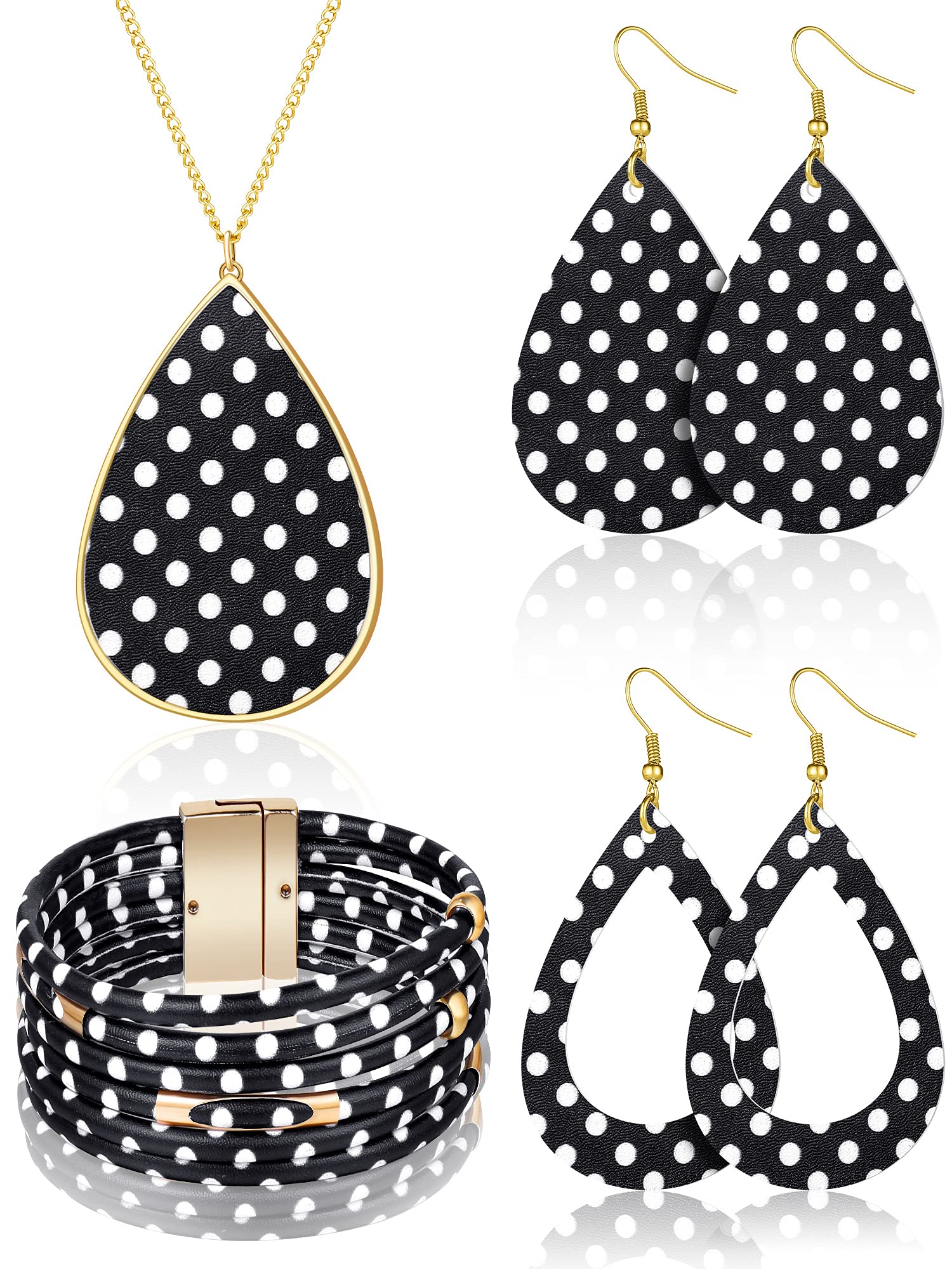 4 Pieces Women's Jewelry Set Polka Dot Pattern Necklace Multi-Layer Bracelet and PU Leather Dangle Earrings (White)