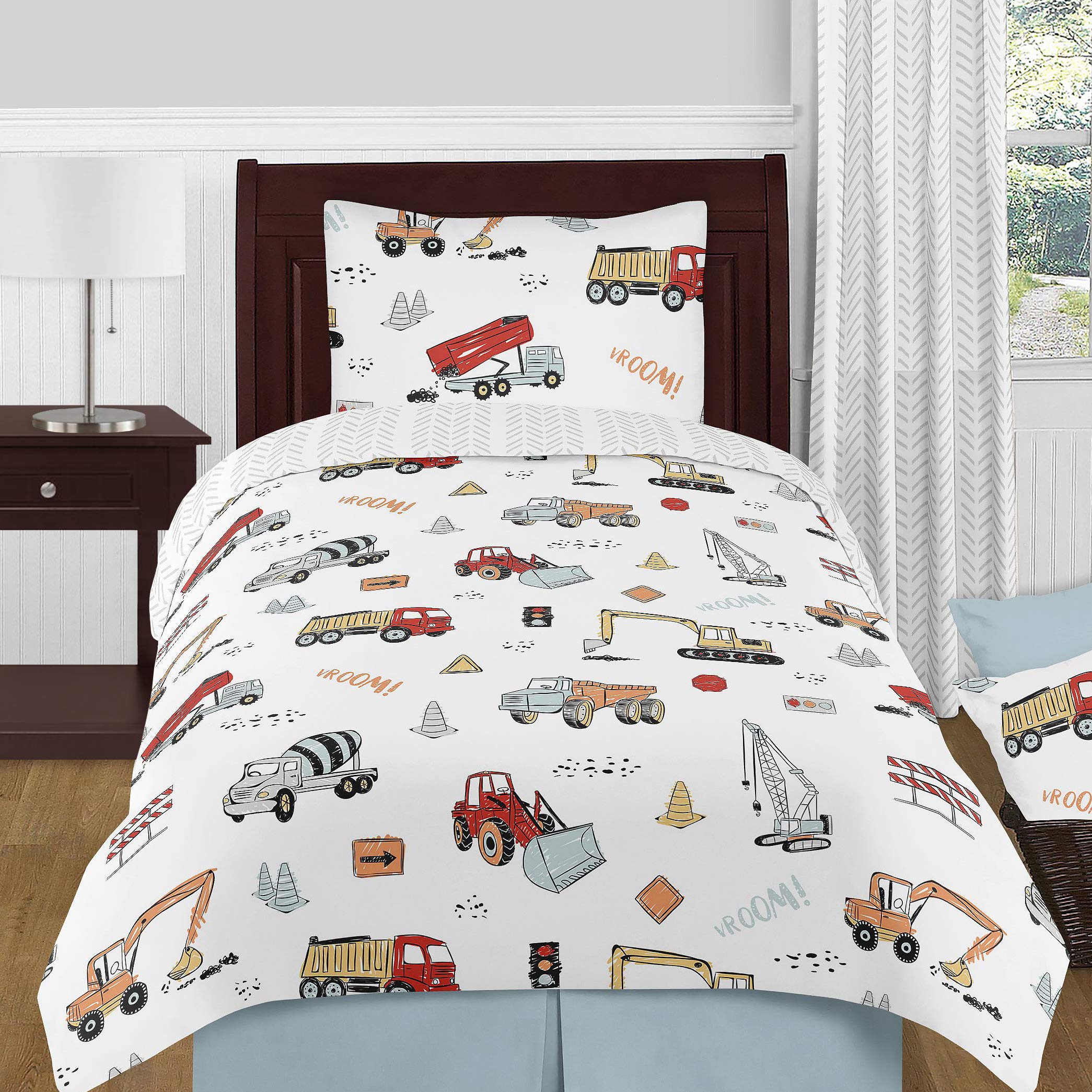 Sweet Jojo Designs Construction Truck Window Treatment Valance - Grey Yellow Orange Red and Blue Transportation