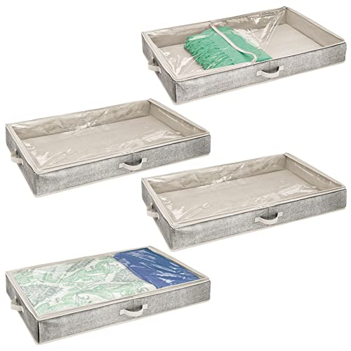mDesign Soft Fabric Under Bed Storage Organizer Holder Bag for Clothing, Accessories, Linen - Easy-View Top Panel, Attached 2-Way Zippered Lid, Side Handles - 4 Pack - Black/Cream/Beige