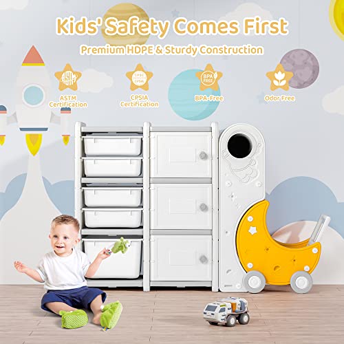 duke baby Kids 3 Layer Toy Storage Organizer with 5 Storage Bins, 3 Toy Cabinets with Doors, Display Bookshelves and Toy Cart for Kids Playroom Bedrooms Age 1-12, Space Collection Medium