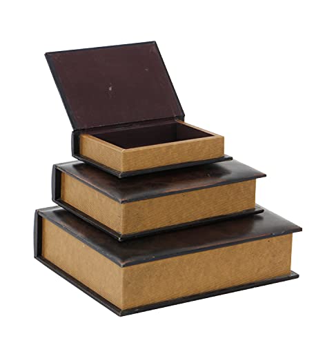 Deco 79 Wood Faux Book Box with Faux Leather Detailing, Set of 3 13", 10", 8"H, Brown