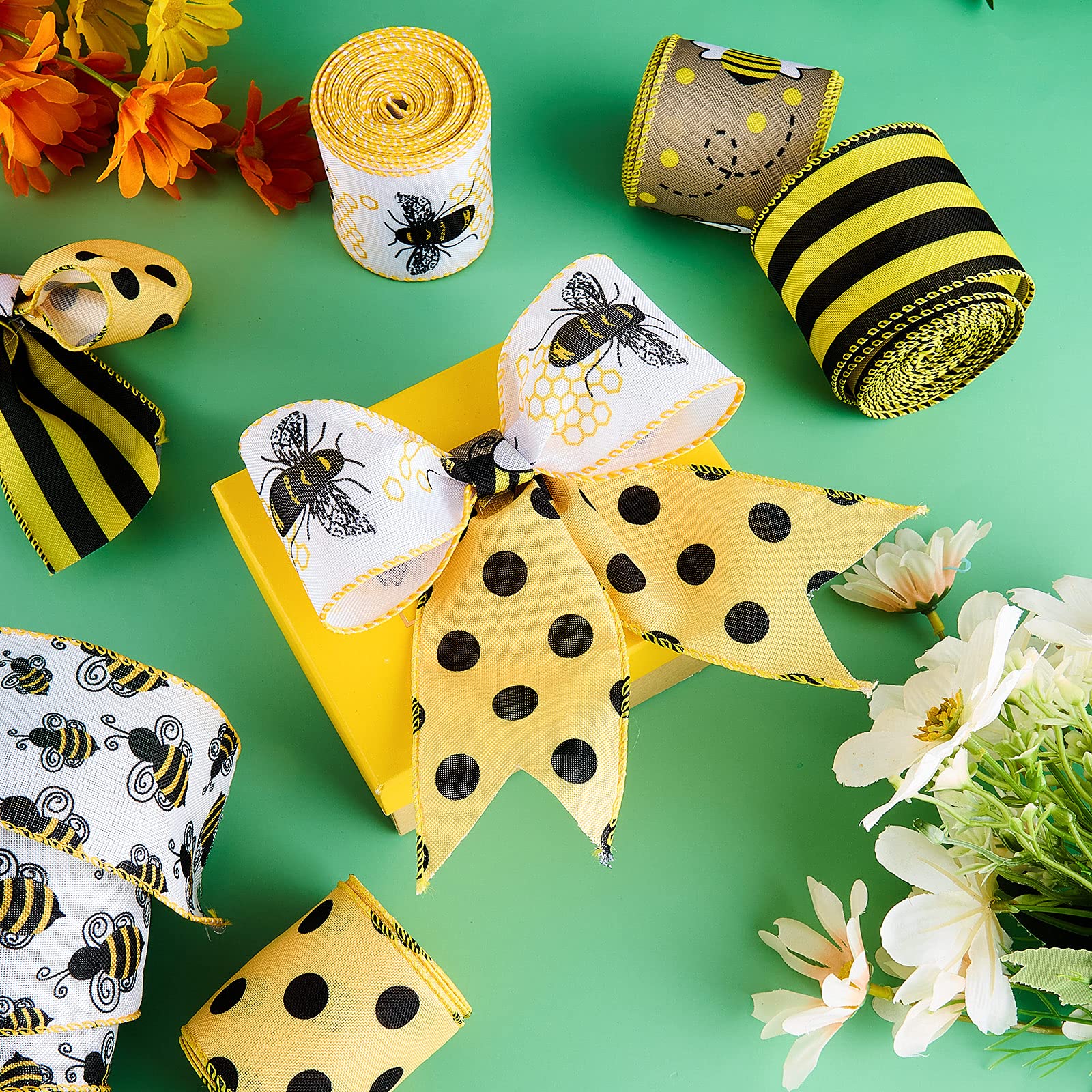 32 Yard Bumble Bee Wired Edge Ribbon Polka Dot/Stripe/Plaid Wired Edge Ribbon Vertical Stripe Craft Ribbon Bumble Bee Ribbon Home Decor-5 Rolls for Wrapping, Easter Party Decoration, Hair Bows