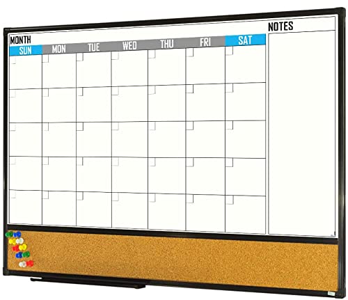 XBoard Dry Erase Calendar Whiteboard 36 X 24 - Combo White Board Calendar Monthly, Magnetic White Board + Corkboard with Black Aluminum Frame, 10 Colorful Push Pins & Marker Tray Included