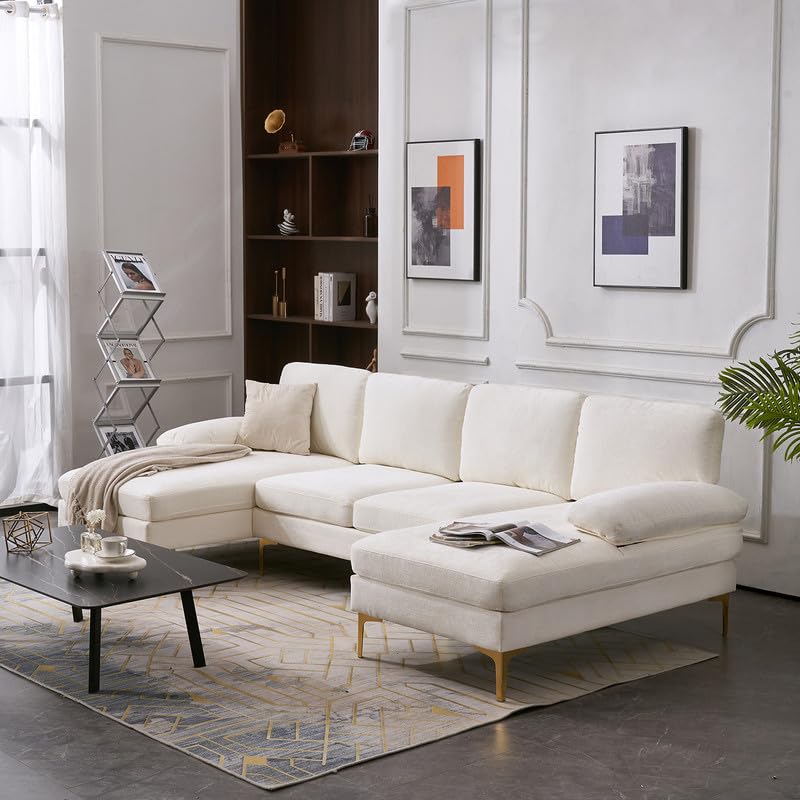 TURRIDU Couches for Living Room, Convertible Sectional Sofa Couch U Shaped Couch in Chenille with 2 Pillows and Metal Legs, 4-seat Modular Sofa for Apartment, Small Space, Lounge, White