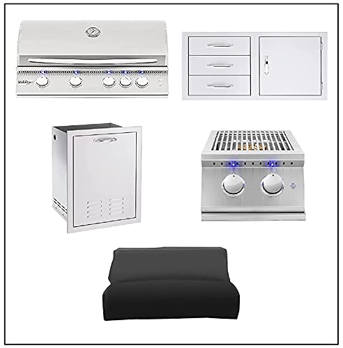 AMS Fireplace Package of Sizzler 32 Built-in Grill (Natural Gas), Pro Double Side Burner Gas),33 3-Drawer & Access Door Combo, 20 Vented Liquid Propane Tank Or Trash Drawer and FREE Cover