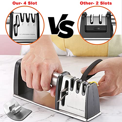 Knife Sharpeners, Best 4 in 1 Manual Kitchen Knives & Scissor Sharpeners, 4 - Stage Knife Sharpening System with Diamond Steel, Ceramic Stone, Ergonomic Design, Non-slip Base(Black)
