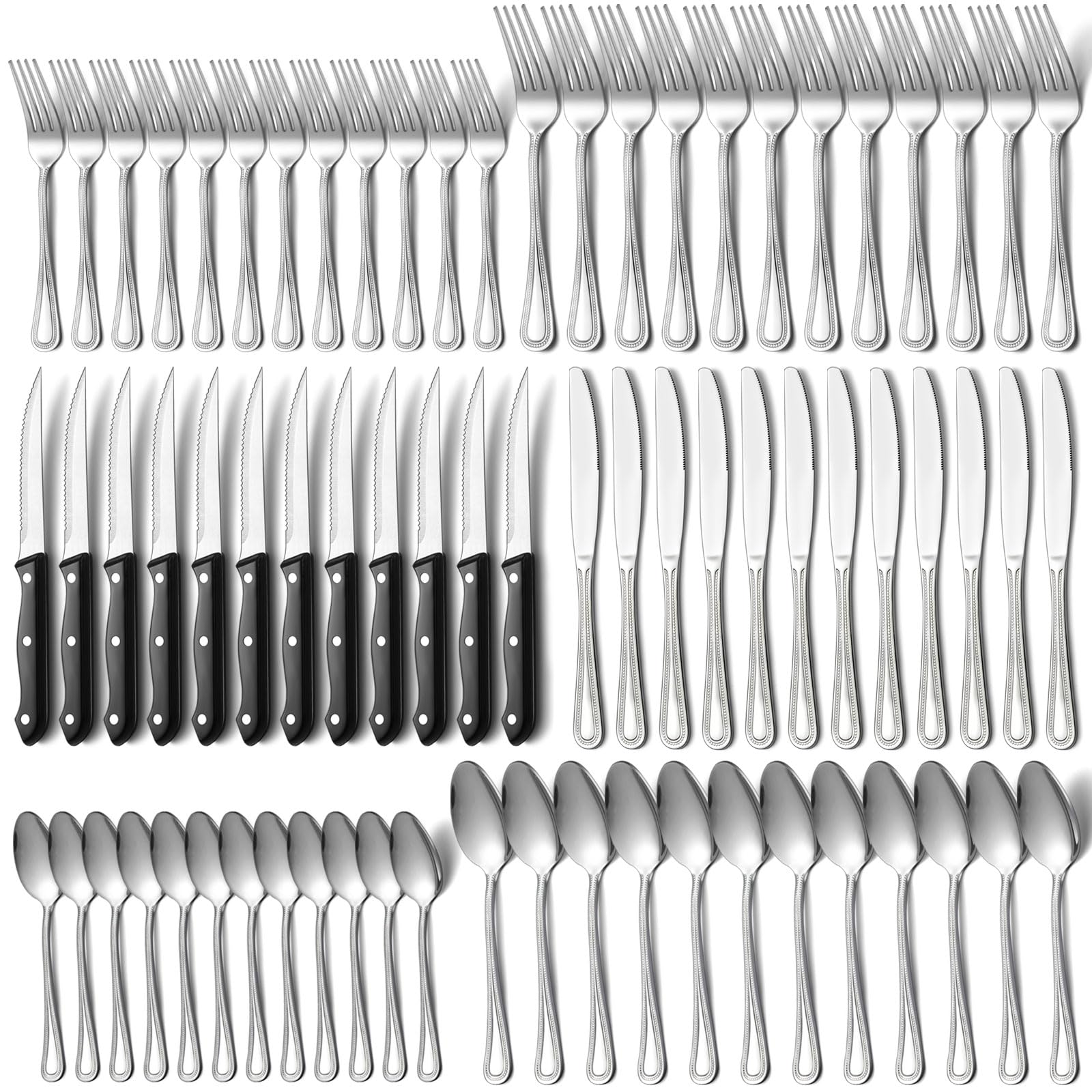 Unokit 72-Pieces Silverware Set with Steak Knives, Heavy Duty Stainless Steel Silverware Set for 12, Flatware Utensils Cutlery Set for Home/Kitchen, Mirror Polished, Dishwasher Safe
