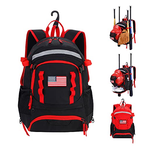 Baseball Bag Softball Bag, Baseball Backpack for Youth Boys and Adult, Bat Bag with Shoes Compartment & Fence Hook, With Hidden External Helmet Holder for Baseball, T-Ball & Softball Equipment & Gear (A-Black)
