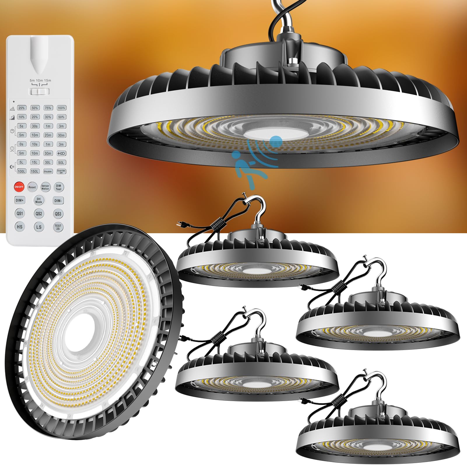 Smart 250W LED High Bay Light 35000LM 5000K High Bay Lighting Motion Activated High Bay LED Lights, AC100-277V UFO Lights 𝟓𝐘𝐫𝐬 𝐖𝐚𝐫𝐫𝐚𝐧𝐭𝐲- 4Pack(Remote Buy Separate)