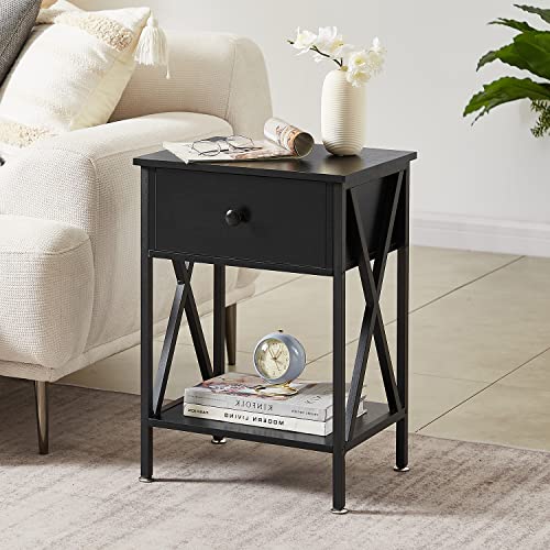 VECELO Modern Versatile Nightstands X-Design Side End Table Night Stand Storage Shelf with Bin Drawer for Living Room Bedroom, Set of 2 (Black)