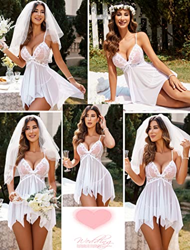 Avidlove Wedding Lingerie for Bride Lace Babydoll Sexy Lace Sleepwear for Women, White, Medium