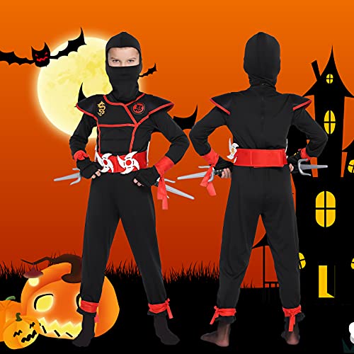 ThinkMax Boys Ninja Costume for Kids Halloween Dress Up Party with Ninja Foam Accessories Toys (M 7-9 Years)