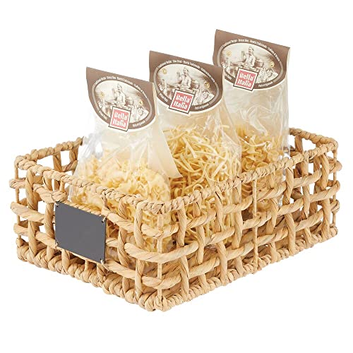 mDesign Water Hyacinth Open Weave Household Basket with Built-in Chalkboard Label for Storage in Bedroom, Bathroom, Office - Hold Clothes, Blankets, Linens, Accessories, 3 Pack - Natural/Tan