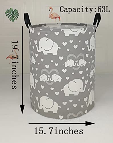 DUYIY 19.7 Inch Round Big Size Canvas Storage Basket with Handle Large Organizer Bins for Dirty Laundry Hamper Baby Toys Nursery Kids Clothes Gift Basket (heart elephant)