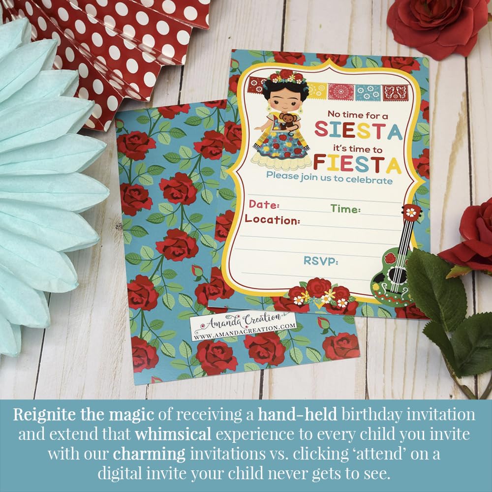 Amanda Creation Frida Fiesta Themed Birthday Party Invitations, 20 5x7 Fill In Cards with Twenty White Envelopes