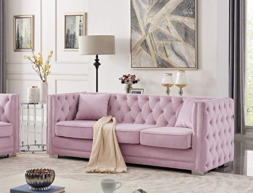 Iconic Home Christophe Sofa Velvet Upholstered Button Tufted Nailhead Trim Shelter Arm Design Silver Tone Metal Block Legs Modern Transitional, Pink