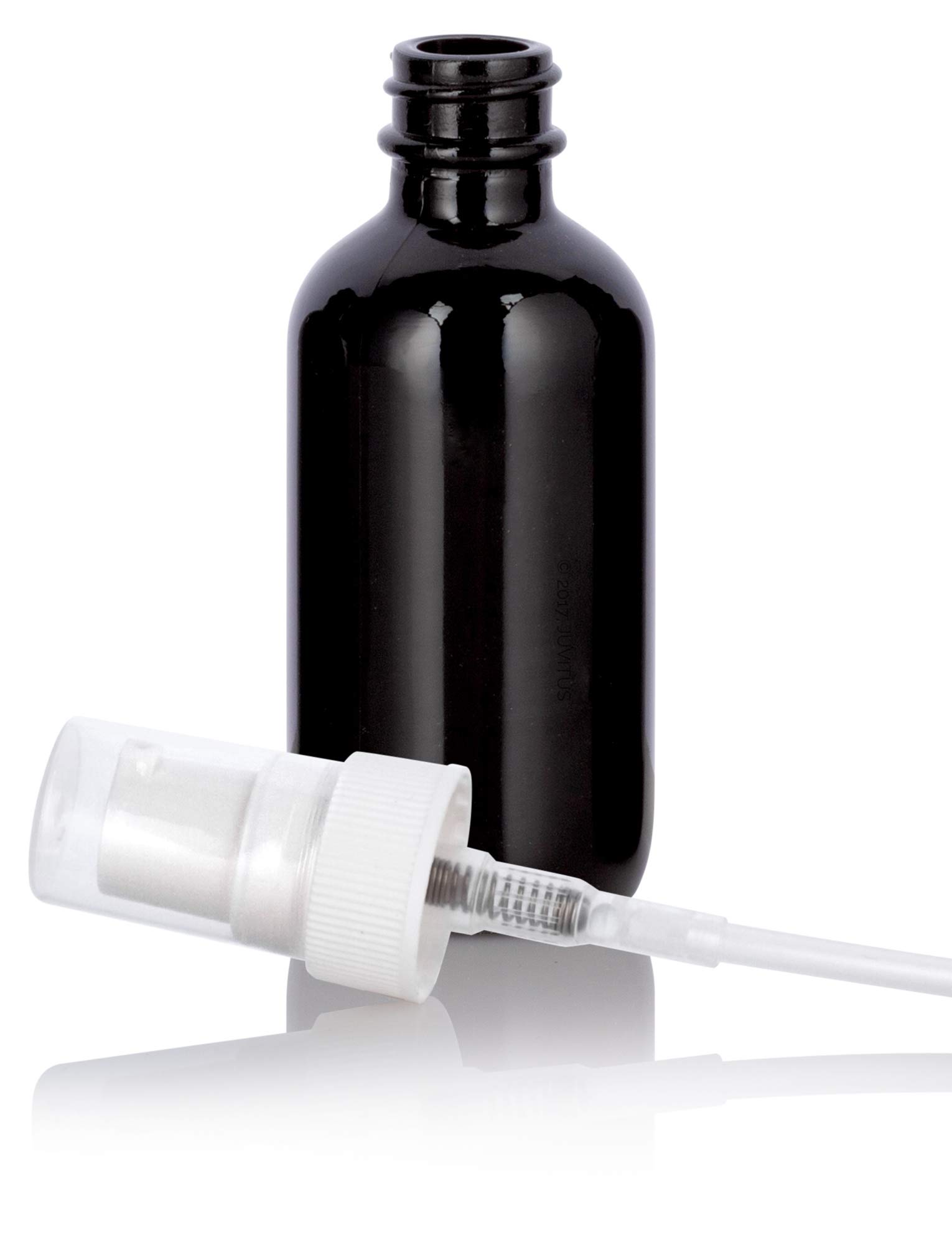 JUVITUS 2 oz Black Glass Luxury Boston Round Bottle White Treatment Pump (12 Pack) + Funnel