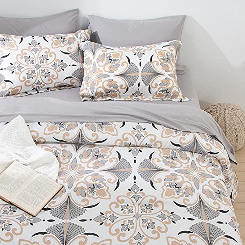 EMME Botanical Floral Comforter Set with Sheets Queen Size 7 Pieces,Brushed Microfiber Bed in a Bag, Ultra Soft and Comfortable Bedding Set for Girls (White Floral, 7-Piece Full/Queen)
