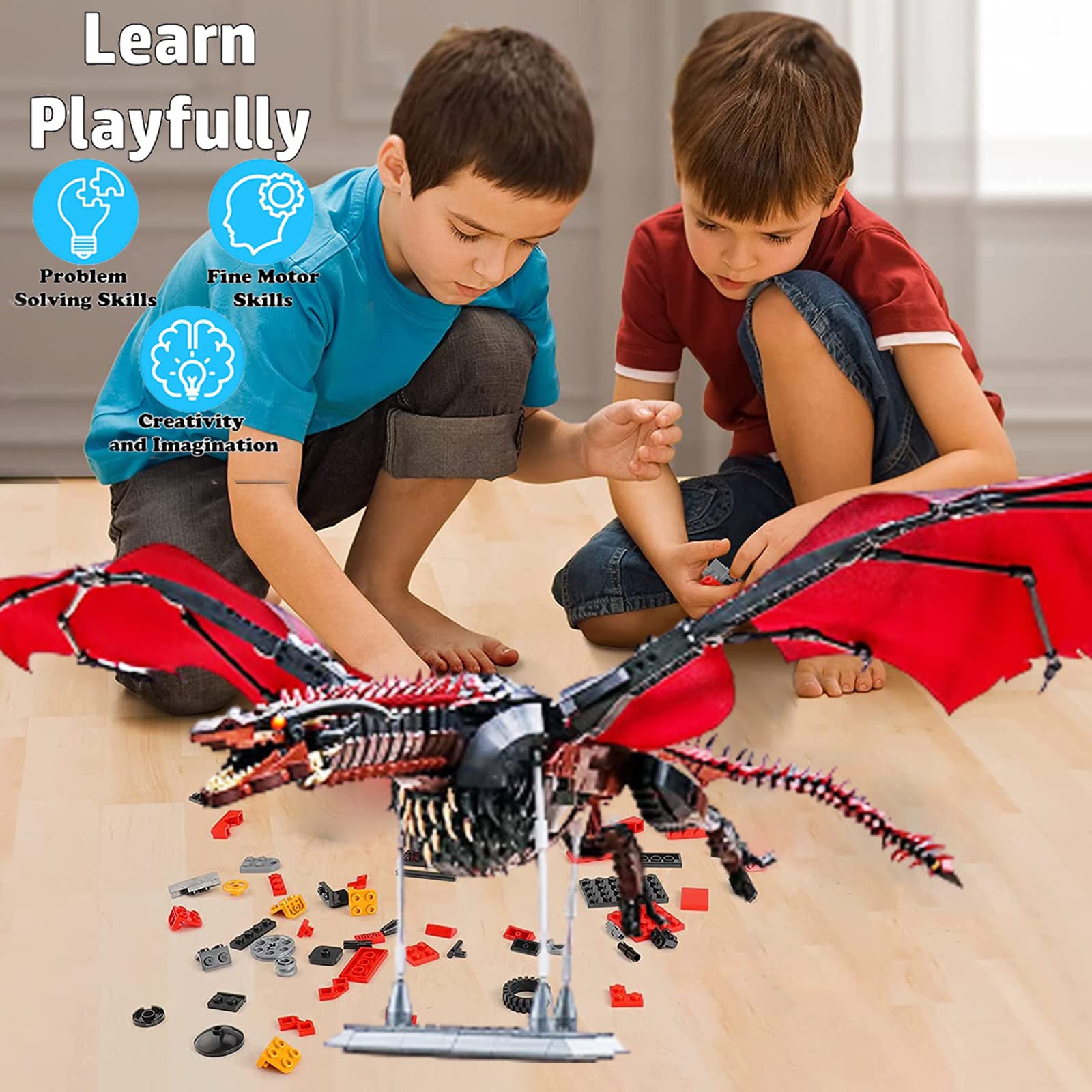 Building Toys Dragon Set Building Kit 1889 Pieces STEM Building Blocks for Boys Red Fire Dragon Construction Set with Wings & Base Holder Building Bricks Display Collection Great Gift for Adult
