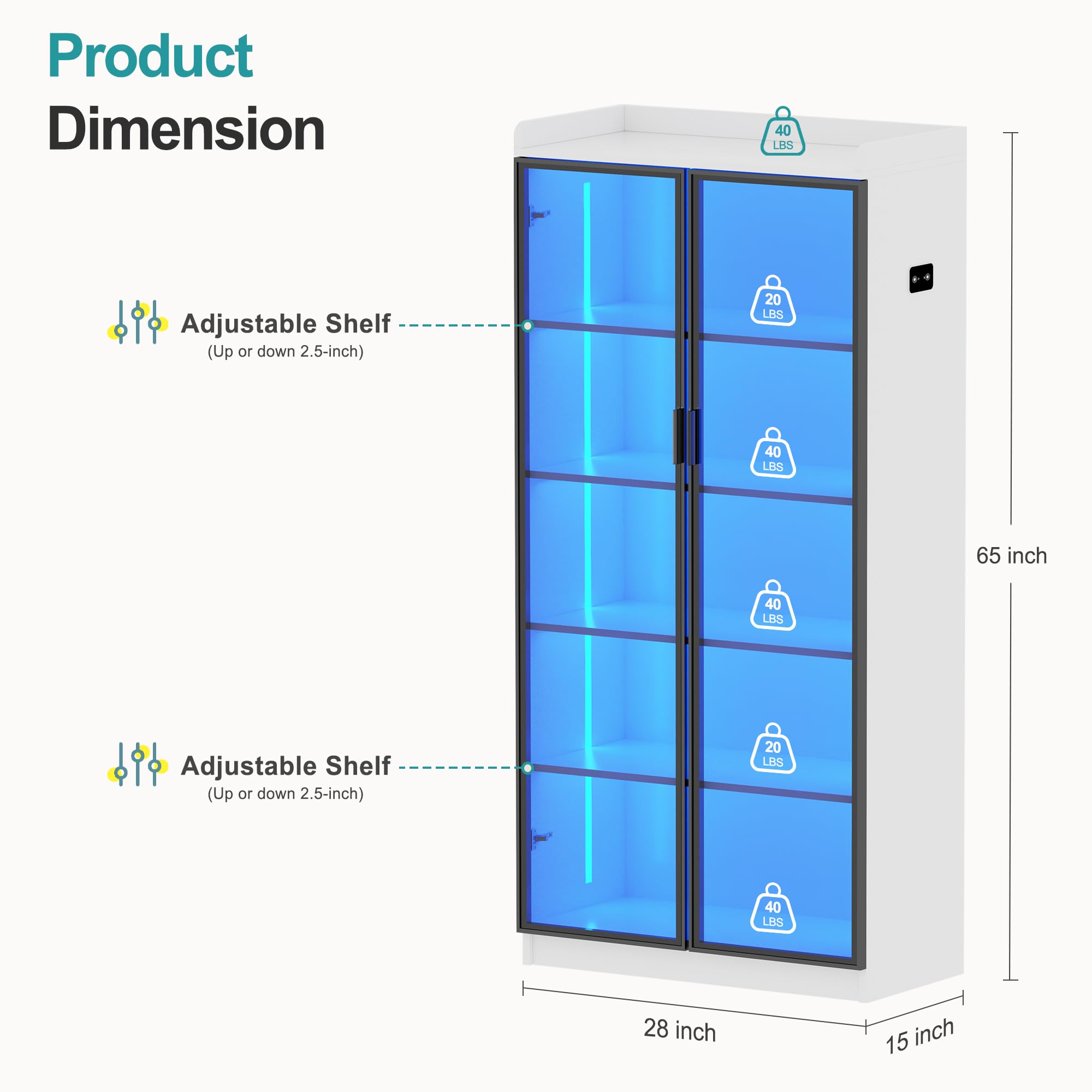Lvifur Tall Storage Cabinet up to 70", LED Kitchen Pantry Cabinet with Human Body Induction, 5 Tier Bookcase Display Cabinet with Adjustable Shelves for Living Room Office (White)