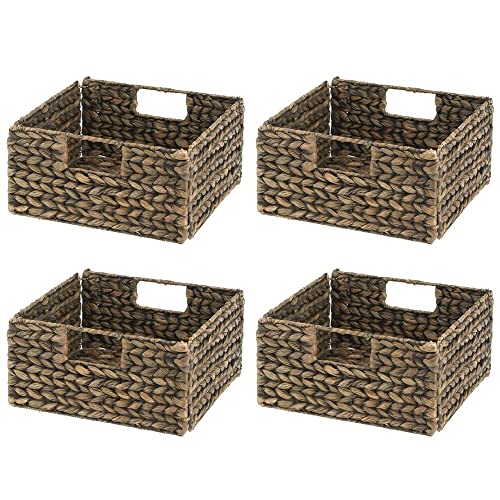 mDesign Woven Hyacinth Storage Bin Basket Organizer with Handles for Organizing Kitchen Pantry, Cabinet, Cupboard, Shelves - Holds Food, Drinks, Snacks - 4 Pack - Brown Wash