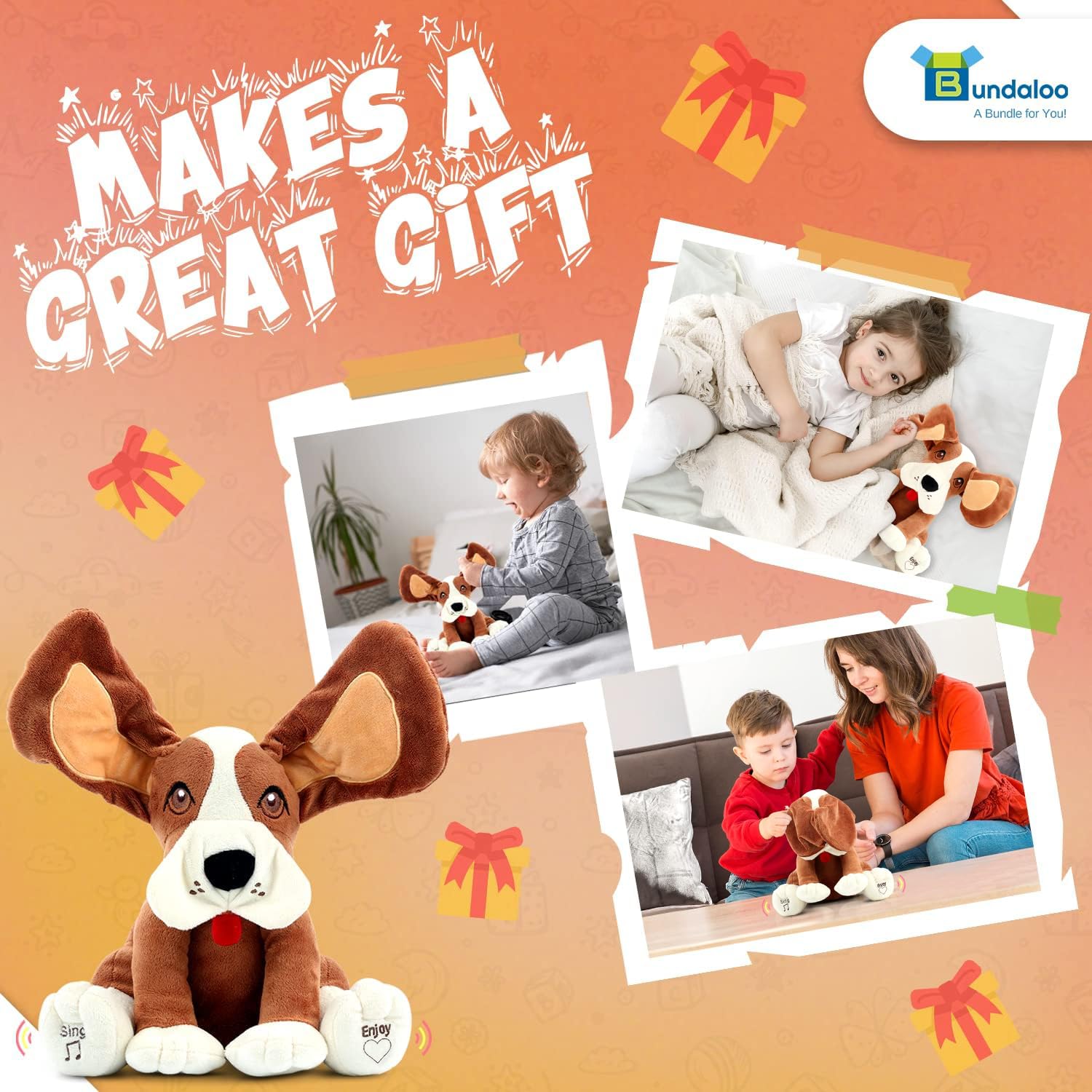 Bundaloo Animated Plush Peek A Boo Singing Dog with Floppy Ears | Plays Peek-A-Boo with Ears & Sings Do Your Ears Hang Low