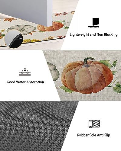 Bath Mat for Bathroom Non Slip Thanksgiving Fall Pumpkin Sunflower Maple Leaves Linen Diatomaceous Earth Bath Mats Highly Absorbent Door Mat Diatom Mud Washable Bathroom Mat for Tub Shower 18x30 Inch