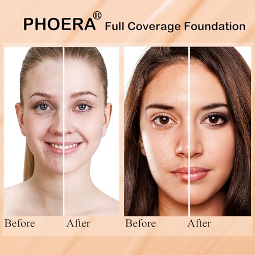 PHOERA Foundation 102 and 103 & Face Primer,Liquid Full Coverage Foundation Set,Foundation Brush Powder Brush,5 Makeup Sponge,30ml PHOERA 24HR Matte Oil Control Concealer (102 Nude + 103 Warm peach)