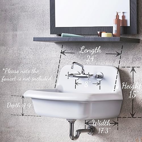 ELLAI 24 Inch Wall Mounted High Back Kitchen Sink White Porcelain Utility Sink Farm Sink Ceramic Farmhouse Laundry Sink Wall Mount Bathroom Sink, 8 in centers, 24” x 17” x 15”