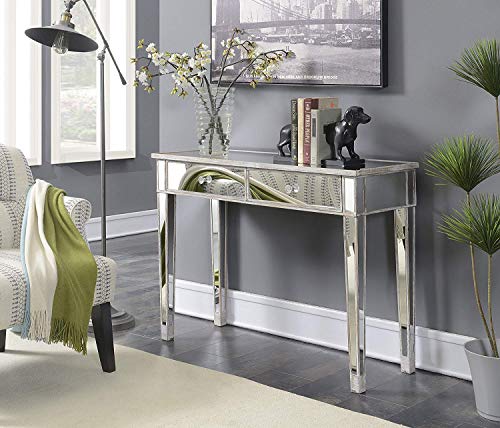 Convenience Concepts Gold Coast Mirrored Desk 42" - Console Table with 2 Drawers for Storage in Living Room, Office, Weathered White/Mirror