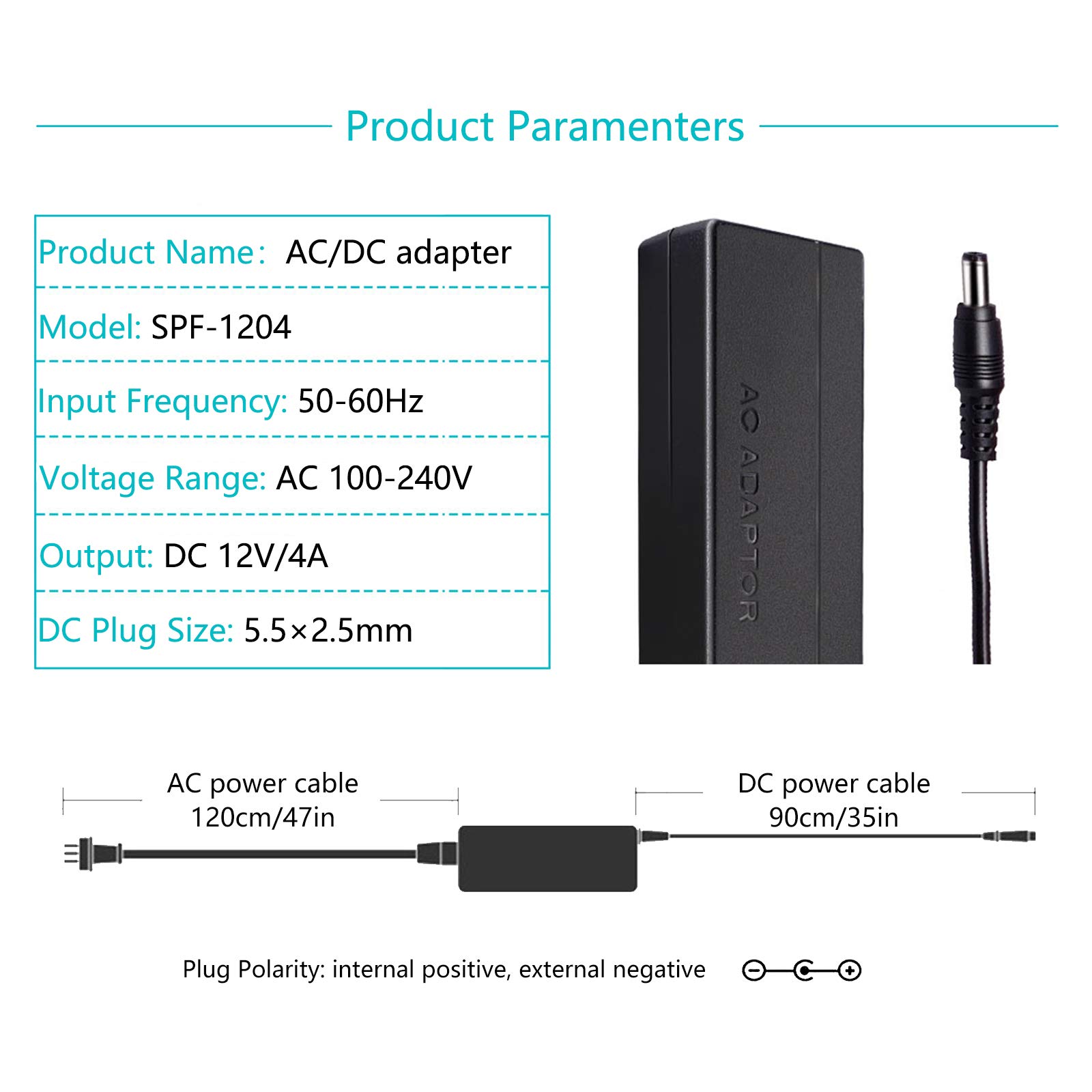 Snsnlent AC Adapter Power Supply 12V 4A 48W AC/DC Power Adapter with 5.5x2.1mm DC Plug 12V 4A 48W for LCD Monitor, LED Strip Light and Other Low Voltage Device
