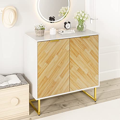 Buffet Sideboard Cabinet with Storage, Modern Accent Cabinet with 2 Doors & Adjustable Shelves, Kitchen Storage Cabinet Cupboard Console Table for Dining, Living Room, Bedroom, Entryway, White & Gold