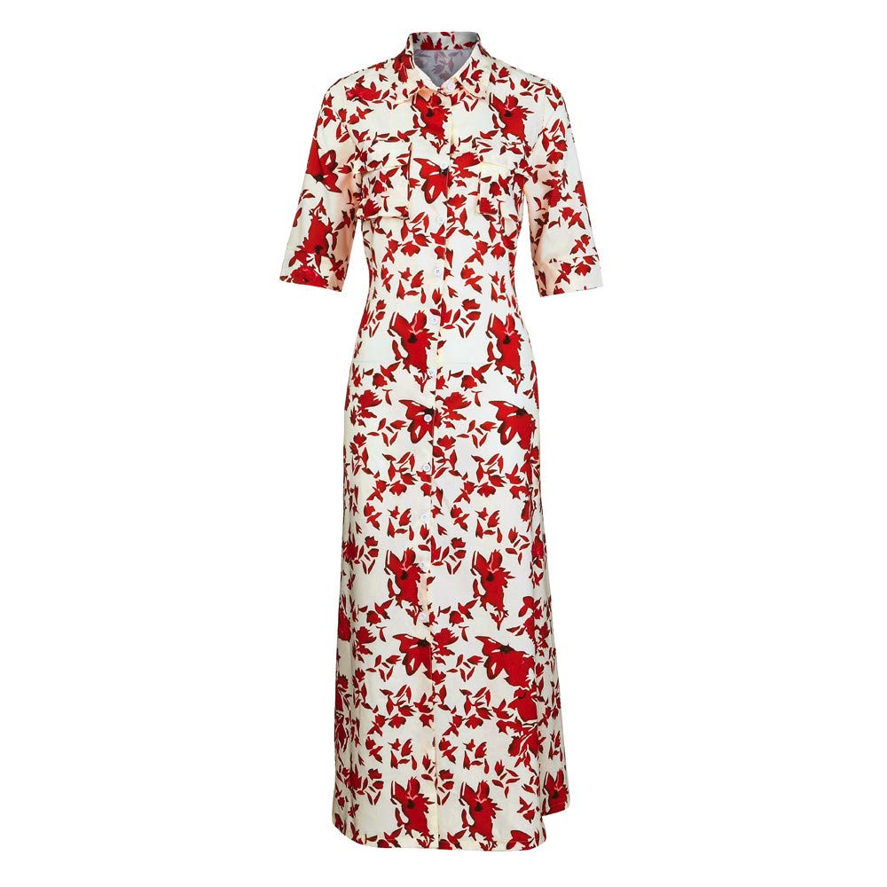 F_Gotal Womens Bohemian Printed Loose Button Stripe Roll Up Sleeve Maxi Dress with Pockets Beach Sundress Party Cocktail