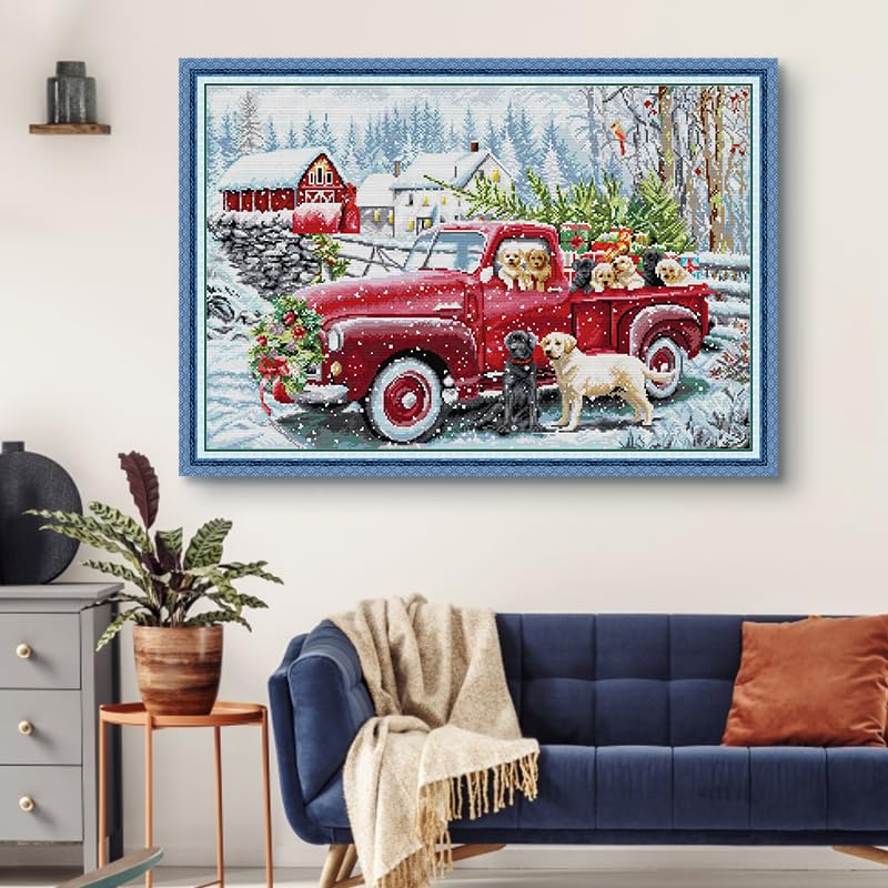 Benway Cross Stitch Kit 14ct Counted Christmas Delivery Van Red Car Snow Winter Dog 62x44cm