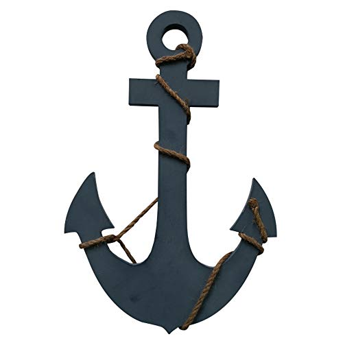 Benzara Nautical Distressed Hanging Wooden Anchor Art Decor with Rope, Blue