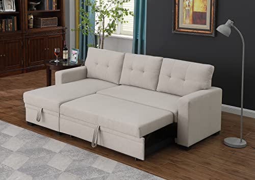 KTVTK 82" L-Shape Sleeper Sectional Sofa with Storage Chaise and Pull-Out Bed,Convertible Couch for Living Room,Apartment,Office,Beige, 82'