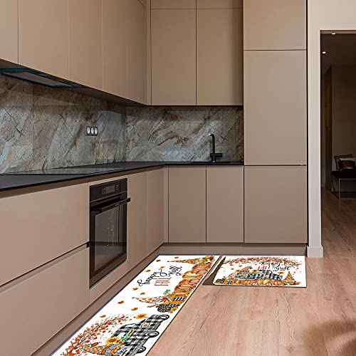 delaimastor Fall Gnome Pumpkin Decorative Kitchen Mats Set of 2, Fall Halloween Thanksgiving Rustic Yard Low-Profile Floor Mat for Kitchen, Gnome Plaid Maple Leaves Seasonal Decorative Floor Mat