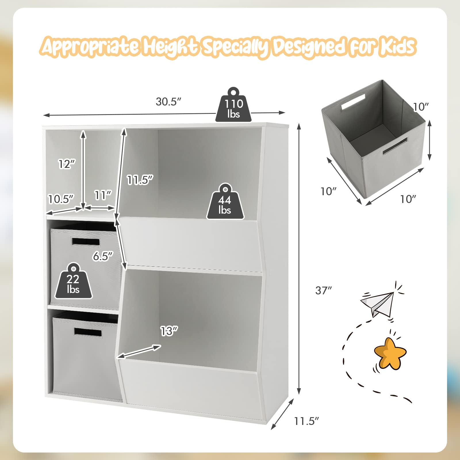 5-Cube Kids Toy Storage Cabinet, Freestanding Children Bookcase w/ 2 Foldable Storage Bins, Open Multi-Purpose Storage Display Organizer for Kids Room, Play Room, Hallway, Nursery