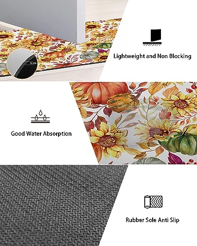 Bathroom Floor Shower Mat, Non-Slip Small Rugs - Easy to Clean, Thanksgiving Pumpkin Sunflower Fall Durable Bath Rug 24"x36" Washable Quick Dry Diatomaceous Earth Mats for Bathtubs