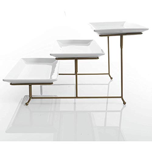 Gibson 3 Tiered Platter Stand with Rectangle Plates, Appetizer Serving Tray, Dessert Display for Tea Party, Brunch Decor, Home Entertaining, Perfect for Cake Pops, Fruit, Cupcakes, Cookies, White/Gold
